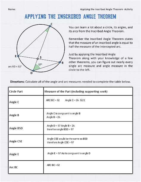 Inscribed Angle Theorem Worksheet