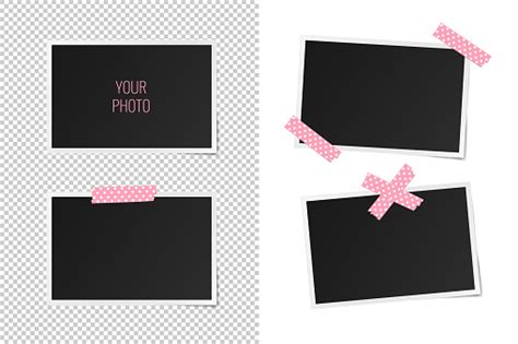 검은 빈 장소와 흰색 테두리빈티지 사진 프레임의 집합입니다 현실적인 3d 사진 모형 컬렉션 복고풍 사진 프레임 템플릿 일본 접착제 핑크 와시 테이프 벡터 일러스트레이션 0
