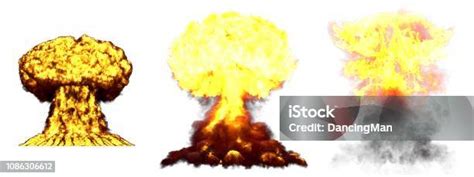 폭발의 3d 그림 3 큰 높은 자세한 여러 단계 버섯 구름 연기와 핵 폭탄의 폭발 및 화재에 고립 된 화이트 개념에 대한 스톡 사진 및 기타 이미지 Istock