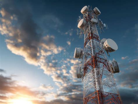 High Resolution Image Of A Cellular Communication Tower Against Sunset Sky Equipped With