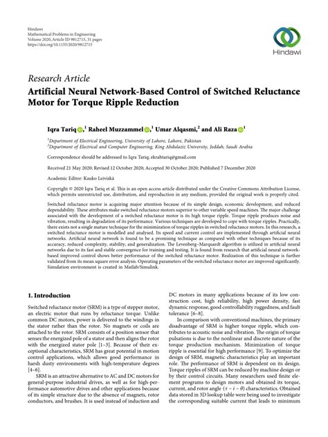 Pdf Artificial Neural Network Based Control Of Switched Reluctance Motor For Torque Ripple