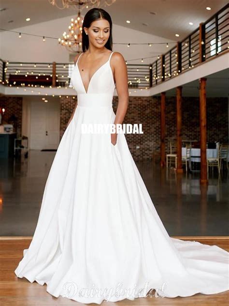 Simple A Line Spaghetti Straps Satin Sexy Deep V Neck Lace Wedding Dre