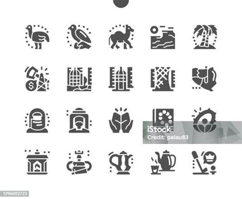 카타르 서아시아 아라비아 문화 카타르의 제크렛 사막 도하 토네이도 타워 무슬림 여성 진주 껍질 분수 여행 및 관광 벡터 솔리드 아이콘입니다 간단한 그림 식용유에 대한 스톡