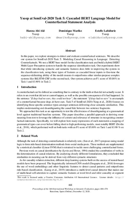 Pdf Yseop At Semeval 2020 Task 5 Cascaded Bert Language Model For Counterfactual Statement