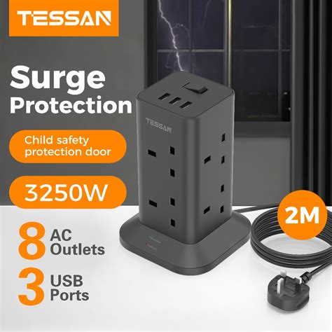 Tessan Extension Plug Tower Socket With 3 Usb Extension Wire Power Strip Usb Adapter Multi Plug