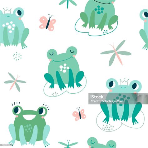 귀여운 분홍색 개구리 매끄러운 패턴 재미있는 녹색 개구리 문자 질감 아이 직물 직물 벽지에 적합합니다 벡터 일러스트레이션 개구리에 대한 스톡 벡터 아트 및 기타 이미지