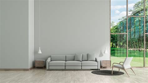 현대 인테리어 거실 나무 바닥 흰색 질감 벽 회색 소파와의 자 창 정원 보기 템플릿과 함께 3d 렌더링을 모의 합니다 최소한의 거실 디자인 0명에 대한 스톡 사진 및 기타