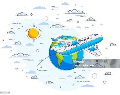 항공사 항공 비행기 정기 여객기와 구름으로 둘러싸인 하늘에서 지구 그림 여행 아름 다운 얇은 라인 벡터 흰색 배경에 고립입니다 3차원 형태에 대한 스톡 벡터 아트 및 기타