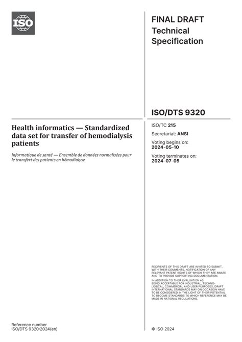 ISO TS Health Informatics Standardized Data Set For Transfer Of Hemodialysis Patients