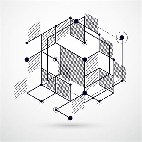 선과 모양 추상적인 벡터 아이소메트릭 3d 흑백 배경 엔진 또는 엔지니어링 메커니즘의 추상 체계입니다 큐브 육각형