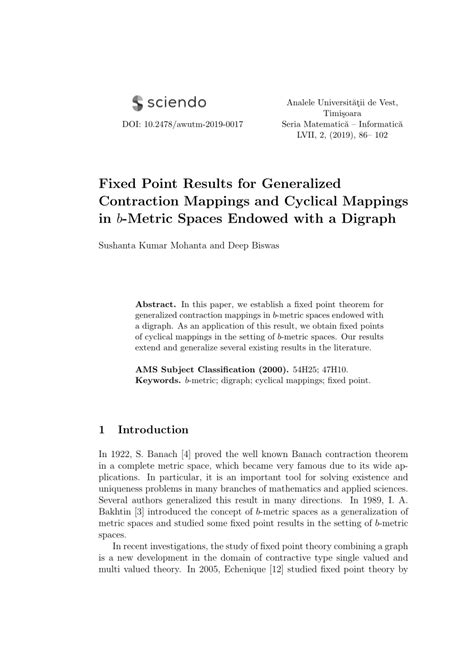 Pdf Fixed Point Results For Generalized Contraction Mappings And Cyclical Mappings In B