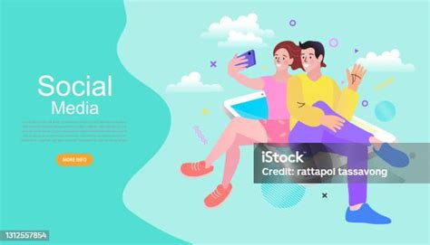 친구들과 소셜 네트워크를 통해 채팅하는 젊은 행복한 사람들 가장 친한 친구 개념 사람들 캐릭터 벡터 일러스트 플랫 디자인 개념에 대한 스톡 벡터 아트 및 기타 이미지