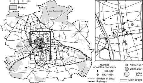 the spatial distribution of conference facilities in Łódź in 2015