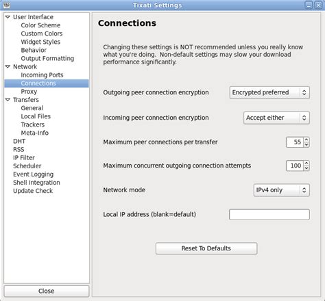 Settings Network Connections Tixati