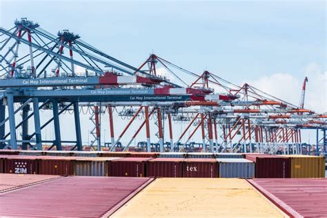 Container Terminal With Gantry Cranes Over The Berthed Ships Editorial Photography Image Of