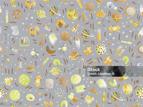 귀여운 만화 다시 학교와 대학 재미 원활한 패턴으로 컬러 학교 용품 과학 테스트 튜브 책 물리학 화학 및 천문학 개체 컬러 학교 원활한 패턴에 개체 그룹에 대한 스톡 벡터