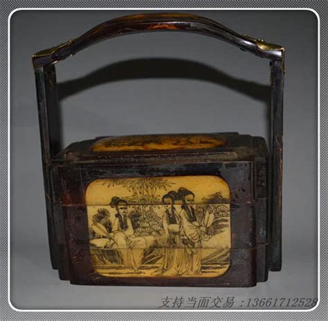 古董 古玩 民国 全手工 制作 人物牛骨 黄杨木食盒 收藏品 包老货 gdwz21