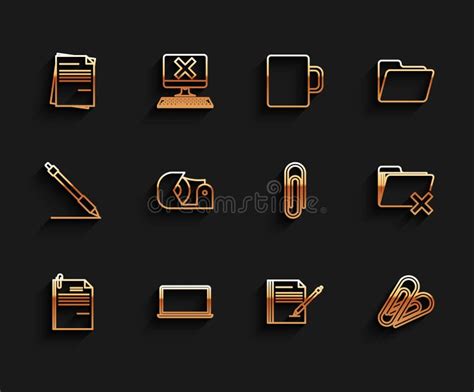 Set Line File Document And Paper Clip Laptop Blank Notebook Pen