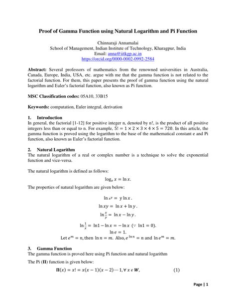 Pdf Proof Of Gamma Function Using Natural Logarithm And Pi Function