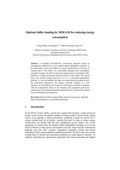 Pdf Optimal Chiller Loading By Moead For Reducing Energy Consumption