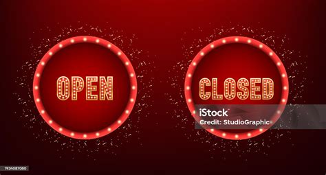 네온 불빛 그림이 있는 닫힌 글자를 엽니다 상점 바 또는 레스토랑 나이트 클럽의 간판 문에 대한 타이포그래피 빛나는 복고풍 프레임 복고풍 라이트 박스 카지노 도박 벡터
