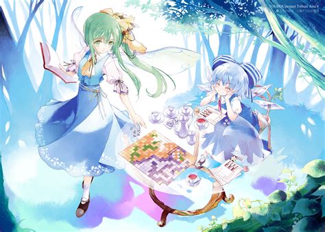 2girls Blue Hair Blush Book Bow Cirno Daiyousei Dress Drink Fairy Green