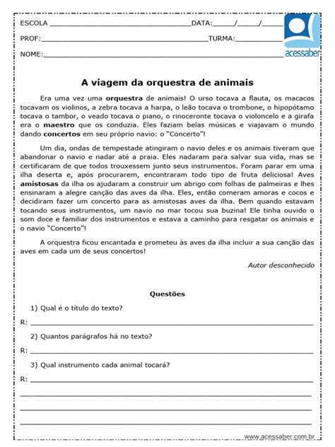 Interpretacao De Texto A Viagem Da Orquestra De Animais 3 Ano E 4 Ano