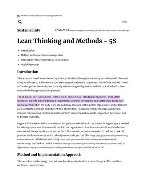 Lean Thinking And Methods 5s Us Epa Pdf Lean Manufacturing Waste