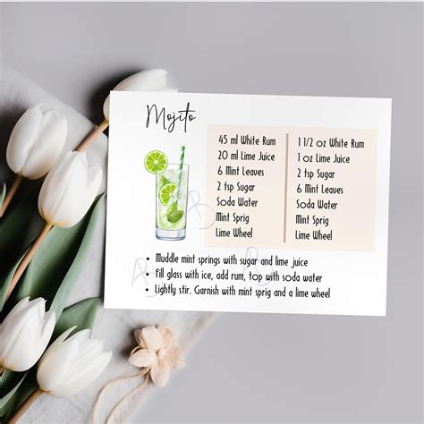Mojito Recipe Card For Bachelorette Party Favor Bar Cart Decor Or