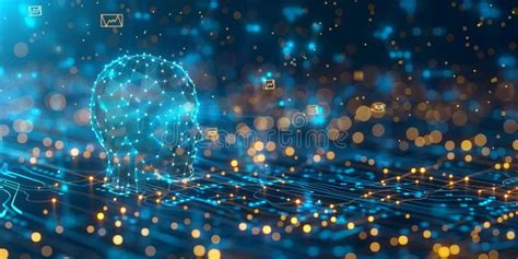 Digital Human Head With Glowing Neural Network Connections And Bokeh