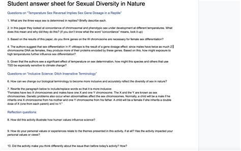 Solved Babe Answer Sheet For Sexual Diversity In Nature Chegg Com