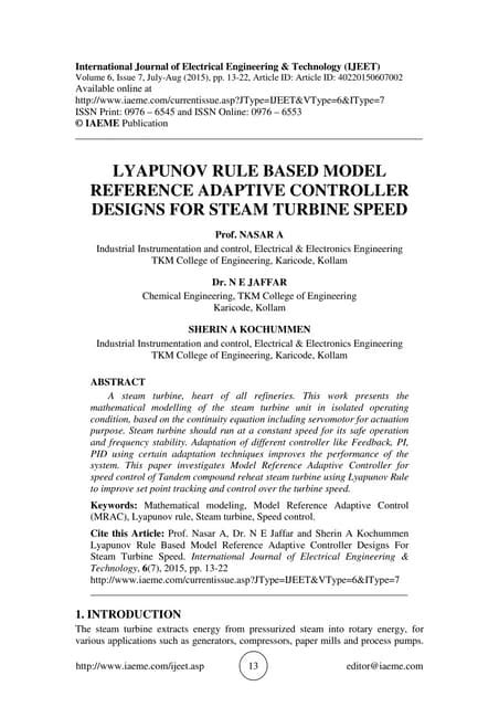 Lyapunov Rule Based Model Reference Adaptive Controller Designs For Steam Turbine Speed Pdf