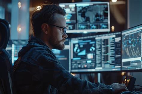 Codificación De Programador Genio En La Oficina Moderna Con Múltiples Pantallas Y Diagramas