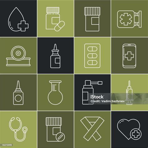 십자가와 라인 심장을 설정 병원에 응급 휴대 전화 통화 의학 병 병 비강 스프레이 이비인후경 머리 반사경 드롭 혈액과 알약 물집 팩 아이콘을 기부 벡터 건강 진단에 대한
