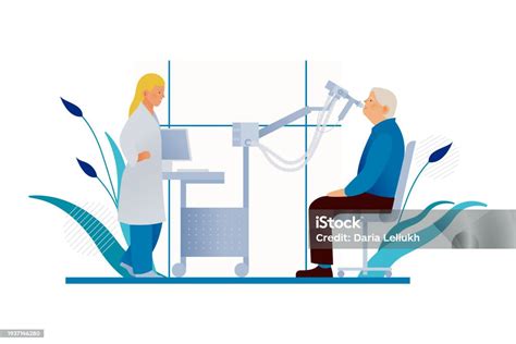폐 검사 시스템 근처에 서 있는 의사 진료실 또는 실험실의 고령 환자에 대한 혈량측정 호흡기 질환 현대 평면 벡터 일러스트 레이 션입니다 환자에 대한 폐 기능 검사