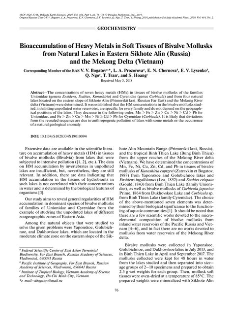 Pdf Bioaccumulation Of Heavy Metals In Soft Tissues Of Bivalve Mollusks From Natural Lakes In
