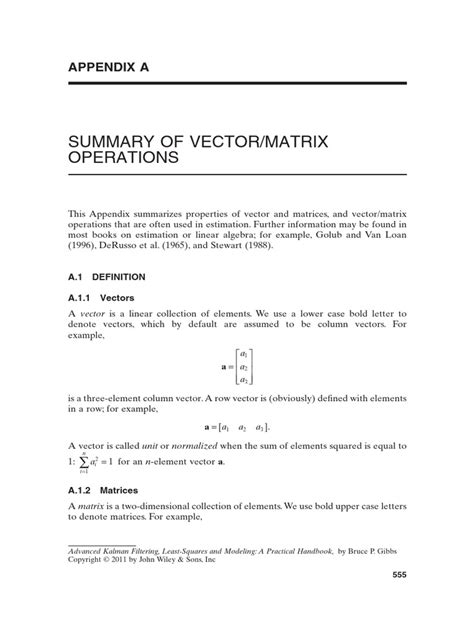 Advanced Kalman Filtering Least Squares And Modeling 2011 Gibbs Appendix A Summary Of