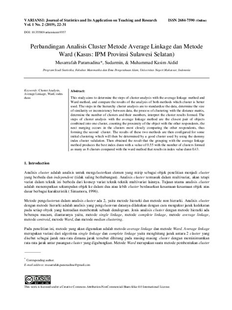 Pdf Perbandingan Analisis Cluster Metode Average Linkage Dan Metode Ward Kasus Ipm Provinsi