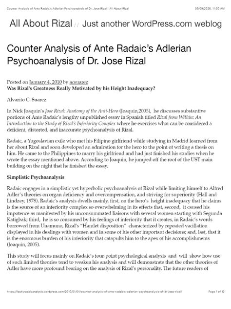 Counter Analysis Of Ante Radaics Adlerian Psychoanalysis Of Dr Jose Rizal All About Rizal