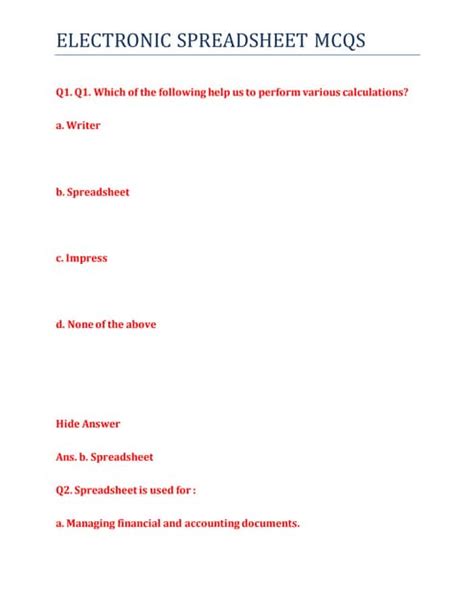 Electronic Spreadsheet Class 9 Mcqs Pdf
