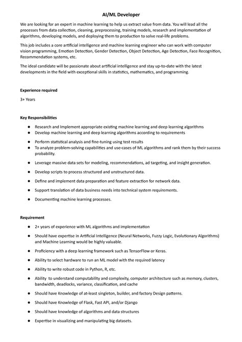 Ai Ml Developer Aiml Developer We Are Looking For An Expert In