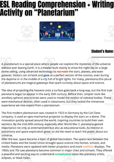 Esl Reading Comprehension Writing Activity Worksheets Planetarium By Teach Simple