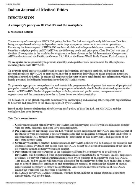 Ijme In Articles A Companys Policy On Hivaids And The Workplace