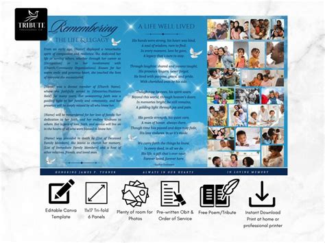 Blue Clouds Funeral Program Template Trifold Memorial Service Editable Canva Template Etsy