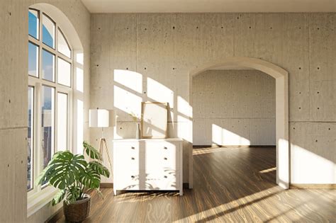 아치형 창문과 미니멀한 인테리어 거실 디자인을 갖춘 고급스러운 로프트 아파트 3d 일러스트레이션 0명에 대한 스톡 사진 및 기타 이미지 Istock