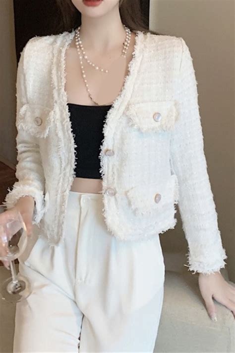 니아 트위드 브이넥 긴소매 롱슬리브 숏 정장 자켓