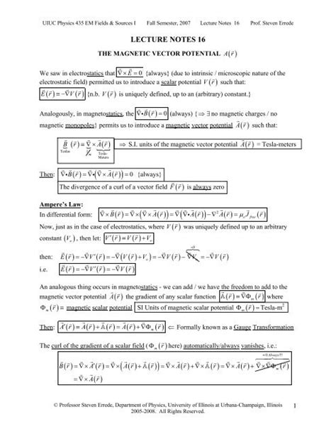 Lecture Notes 16 Magnetic Vector Potential A University Of Illinois