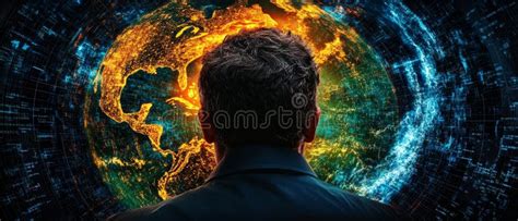 A Businessman Stands Before A Digital Globe Visualizing Global Connections And Data Streams