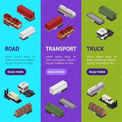 Premium Vector Different Types Trailers 3d Banner Vecrtical Set Isometric View Cargo Transport