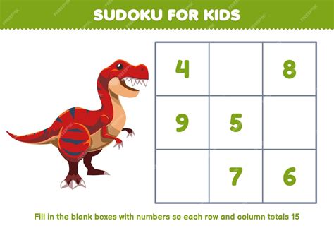 아이들을 위한 교육 게임 아이들을 위한 수도쿠 귀여운 만화 티라노사우루스가 올바른 숫자를 가지고 상자를 채우도록 도와주세요 프리미엄 벡터